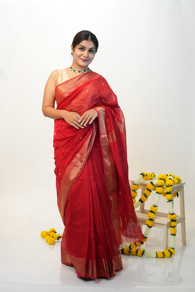Red Maheshwari Zari Butti Handloom Saree | Vishmi